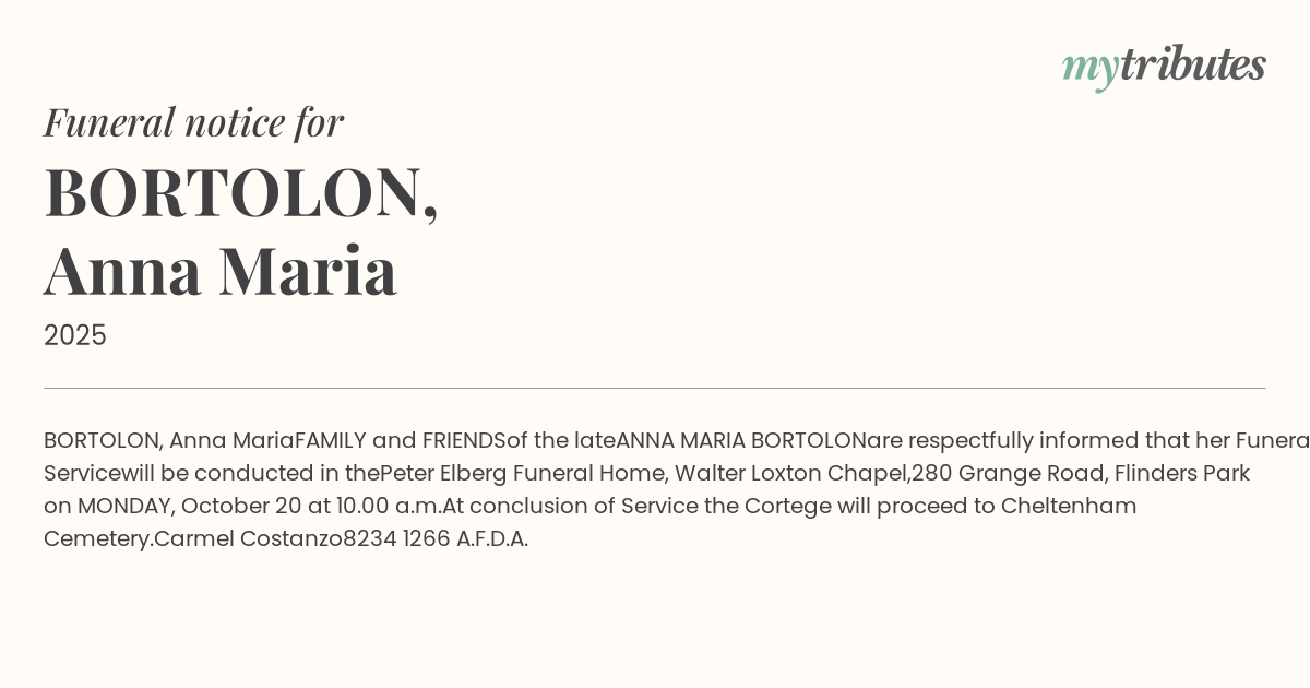 BORTOLON, Anna Maria | Funeral Notices | Adelaide | My Tributes