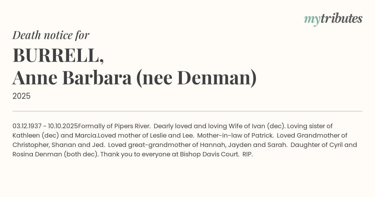 BURRELL, Anne Barbara (nee Denman) | Death Notices | Tasmania | My Tributes