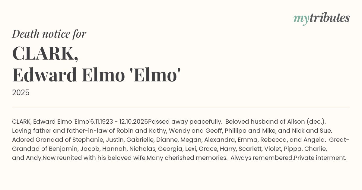 CLARK, Edward Elmo 'Elmo' | Death Notices | Tasmania | My Tributes