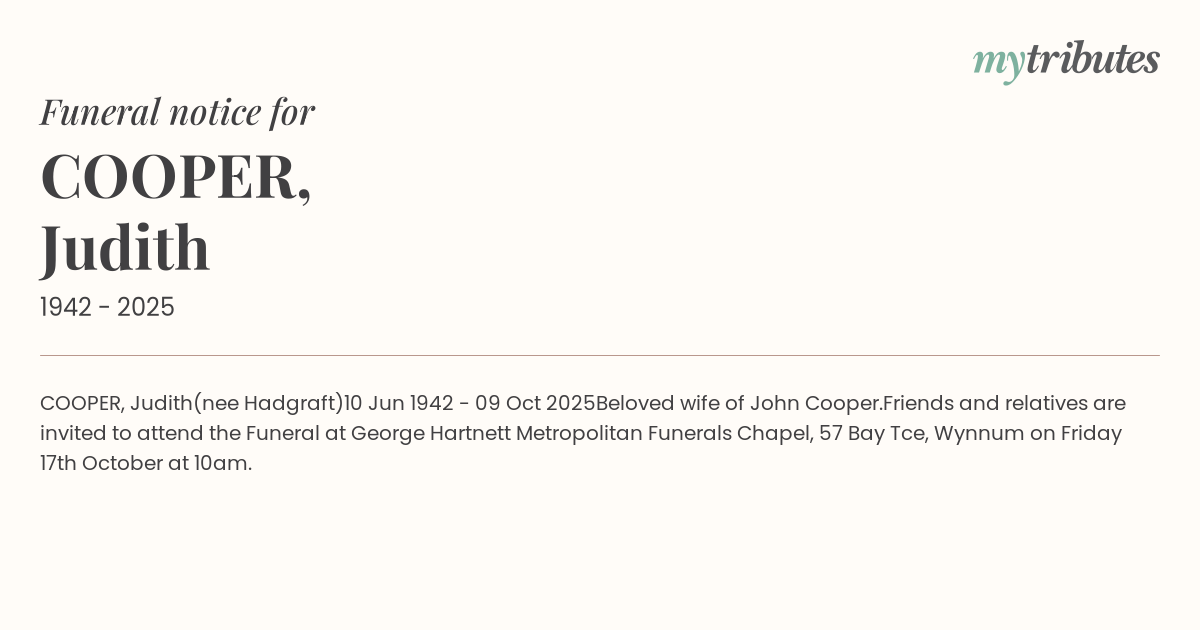 COOPER, Judith | Funeral Notices | Brisbane | My Tributes