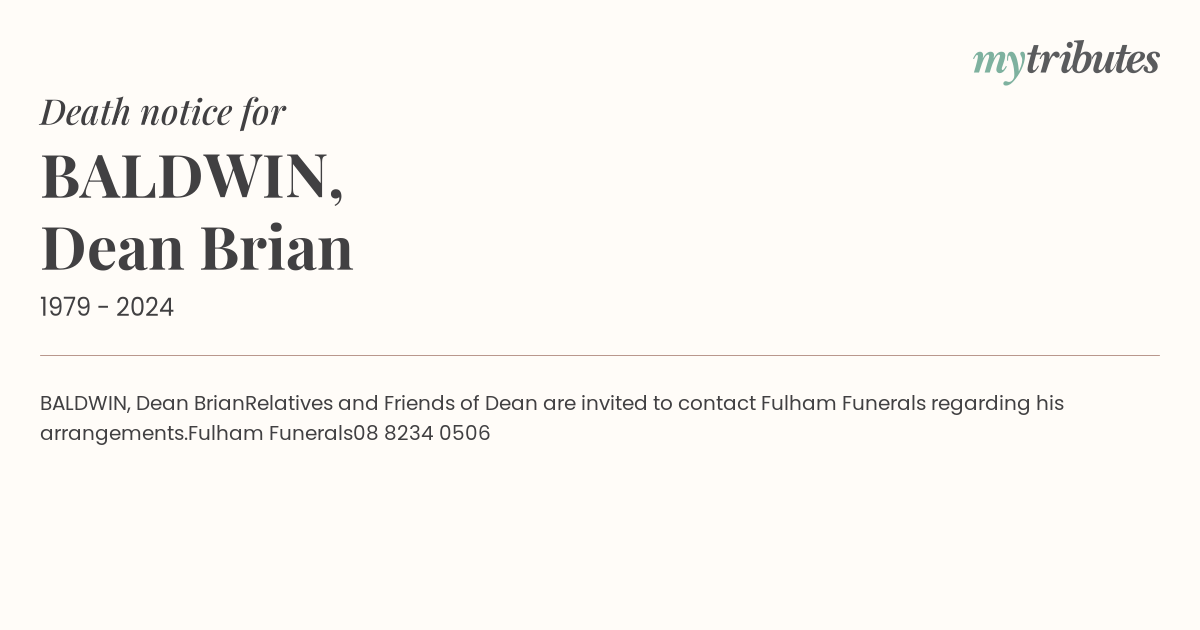 BALDWIN, Dean Brian | Death Notices | Adelaide | My Tributes