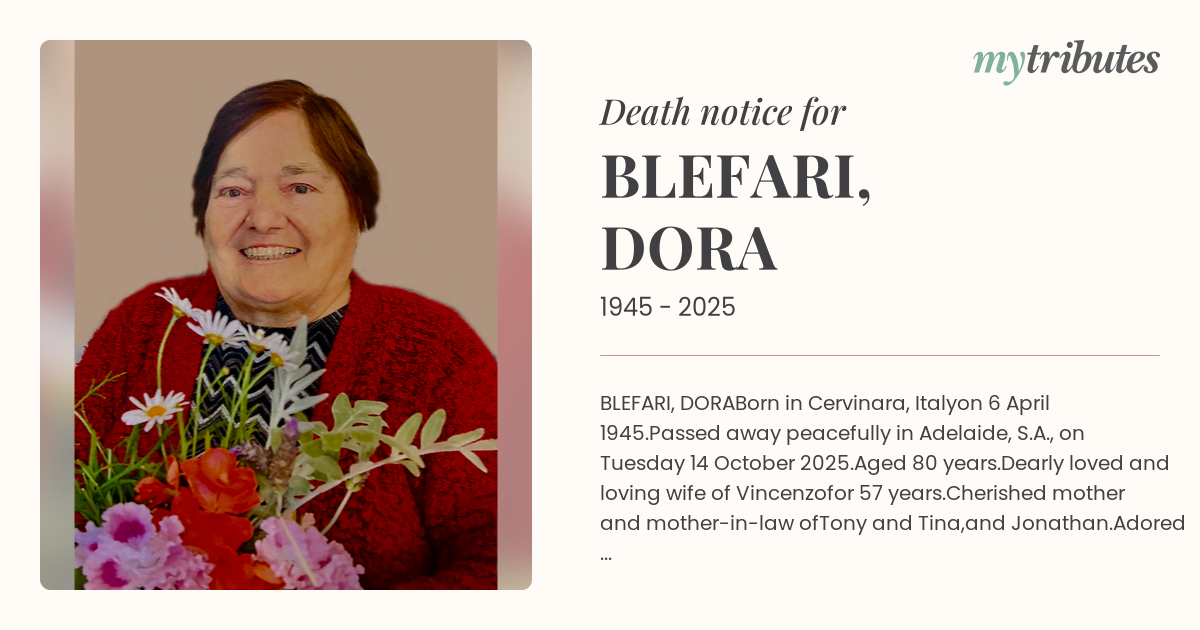 BLEFARI, DORA | Death Notices | Adelaide | My Tributes