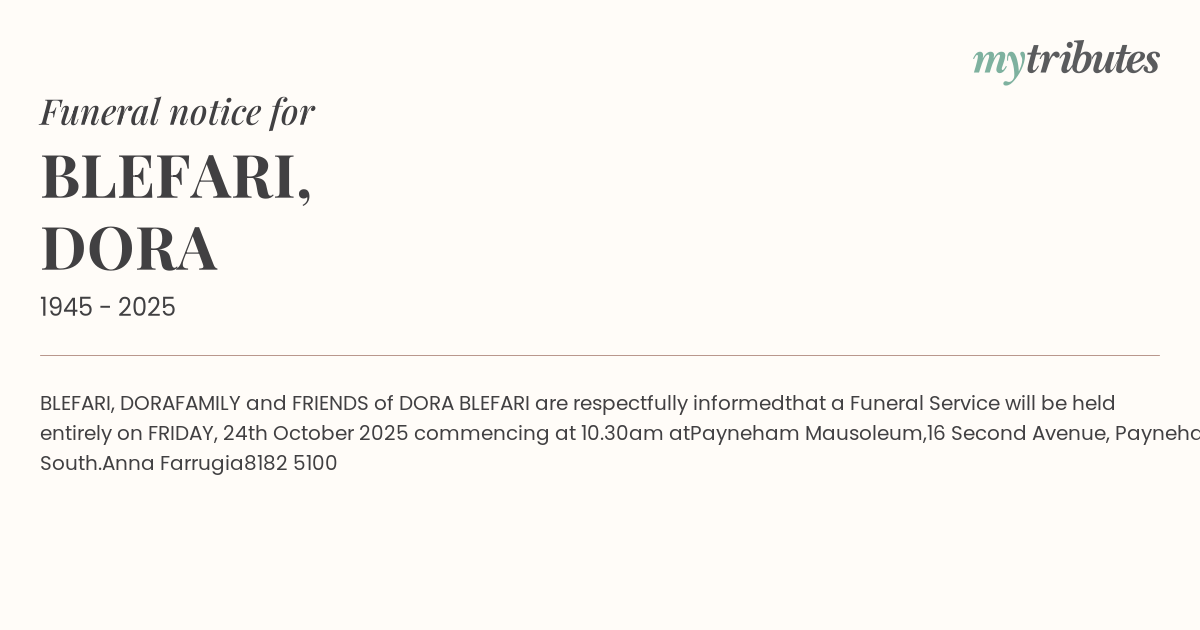 BLEFARI, DORA | Funeral Notices | Adelaide | My Tributes