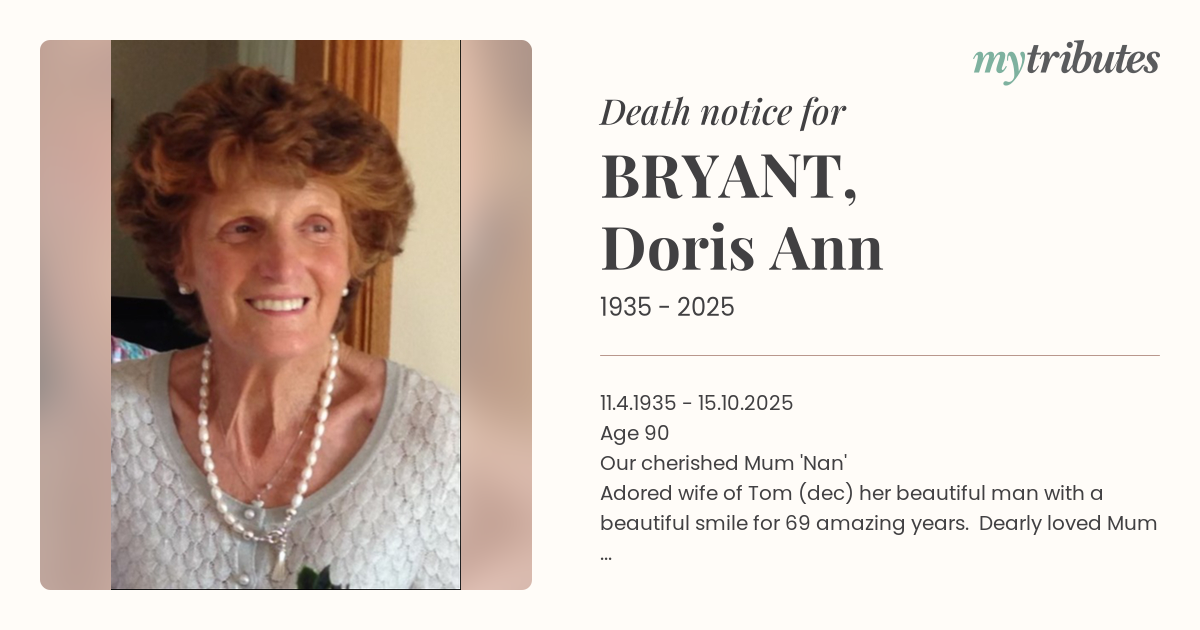 BRYANT, Doris Ann | Death Notices | Geelong | My Tributes
