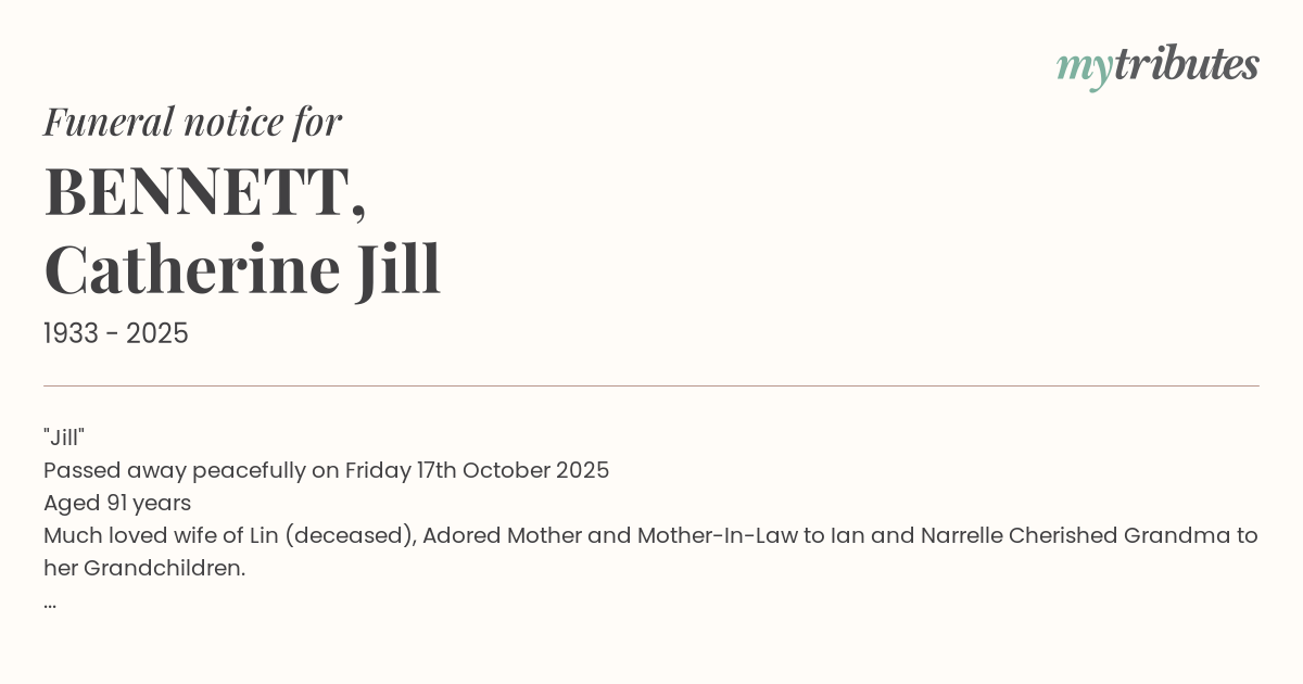 BENNETT, Catherine Jill | Funeral Notices | Brisbane | My Tributes