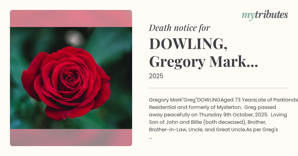 DOWLING, Gregory Mark "Greg" | Death Notices | Townsville | My Tributes
