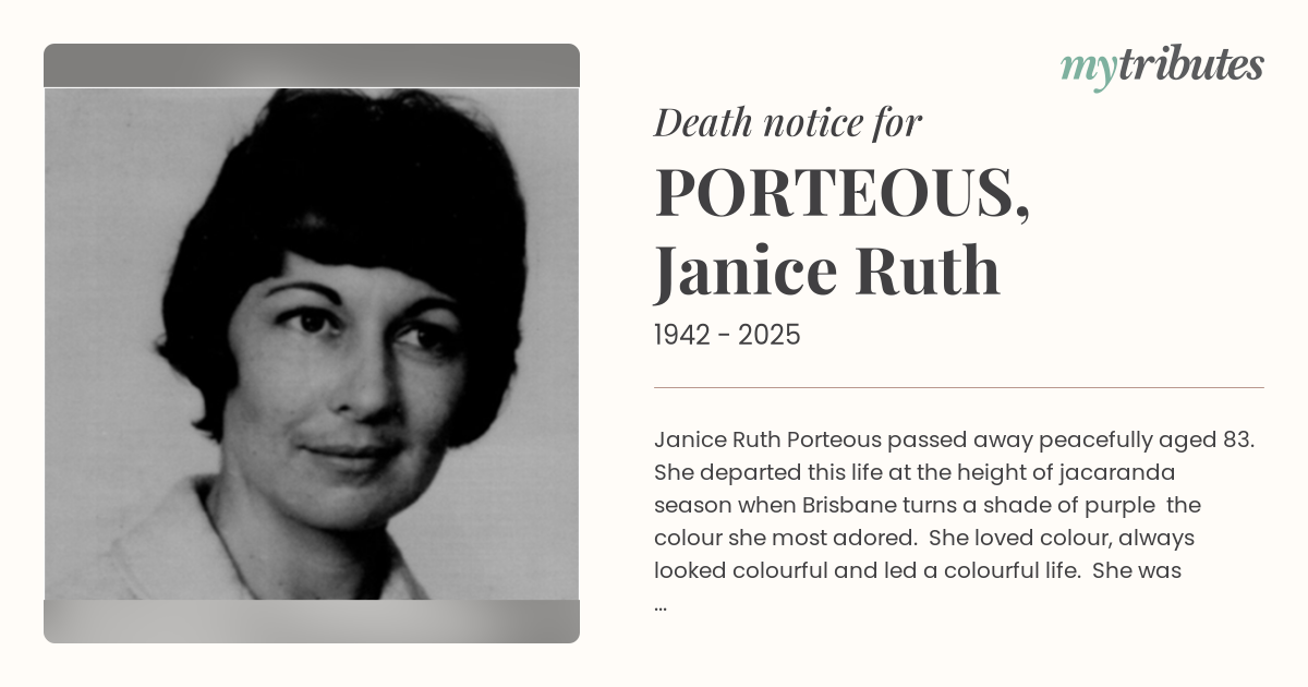 PORTEOUS, Janice Ruth | Death Notices | Brisbane | My Tributes