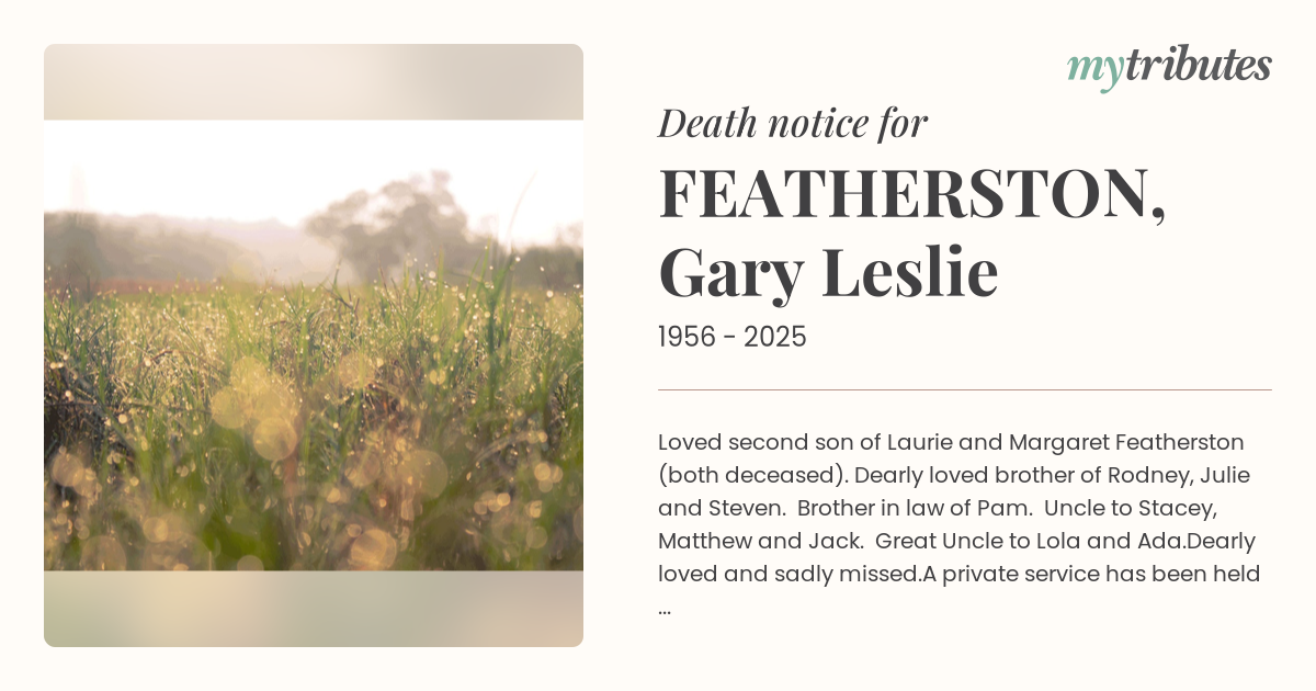 FEATHERSTON, Gary Leslie | Death Notices | Geelong | My Tributes