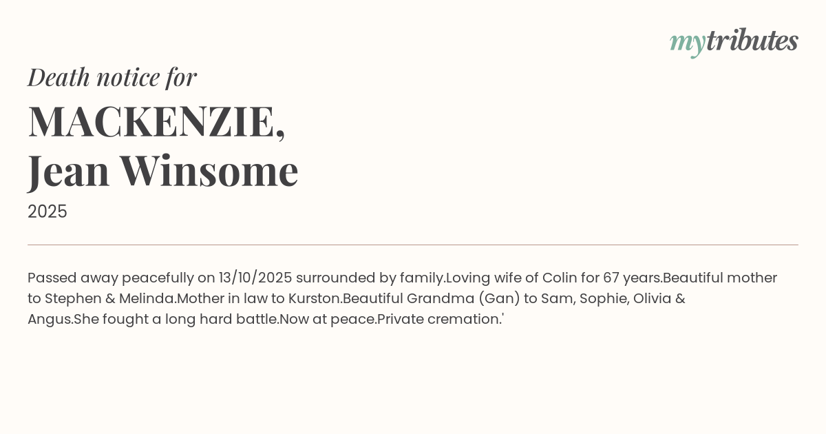 MACKENZIE, Jean Winsome | Death Notices | Melbourne | My Tributes