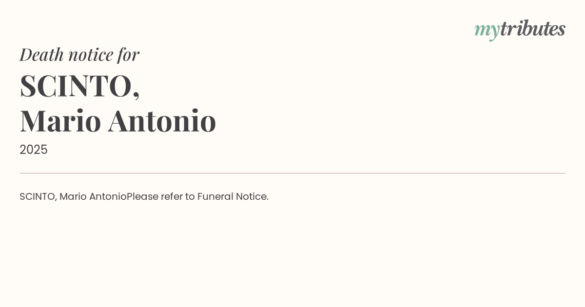SCINTO, Mario Antonio | Death Notices | Adelaide | My Tributes