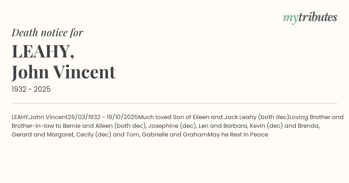 LEAHY, John Vincent | Death Notices | Melbourne | My Tributes