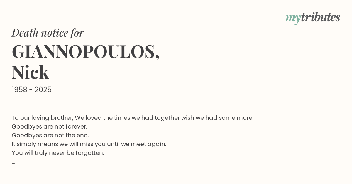 GIANNOPOULOS, Nick | Death Notices | Adelaide | My Tributes