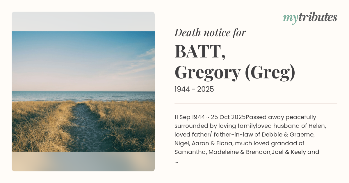BATT, Gregory (Greg) | Death Notices | Townsville | My Tributes