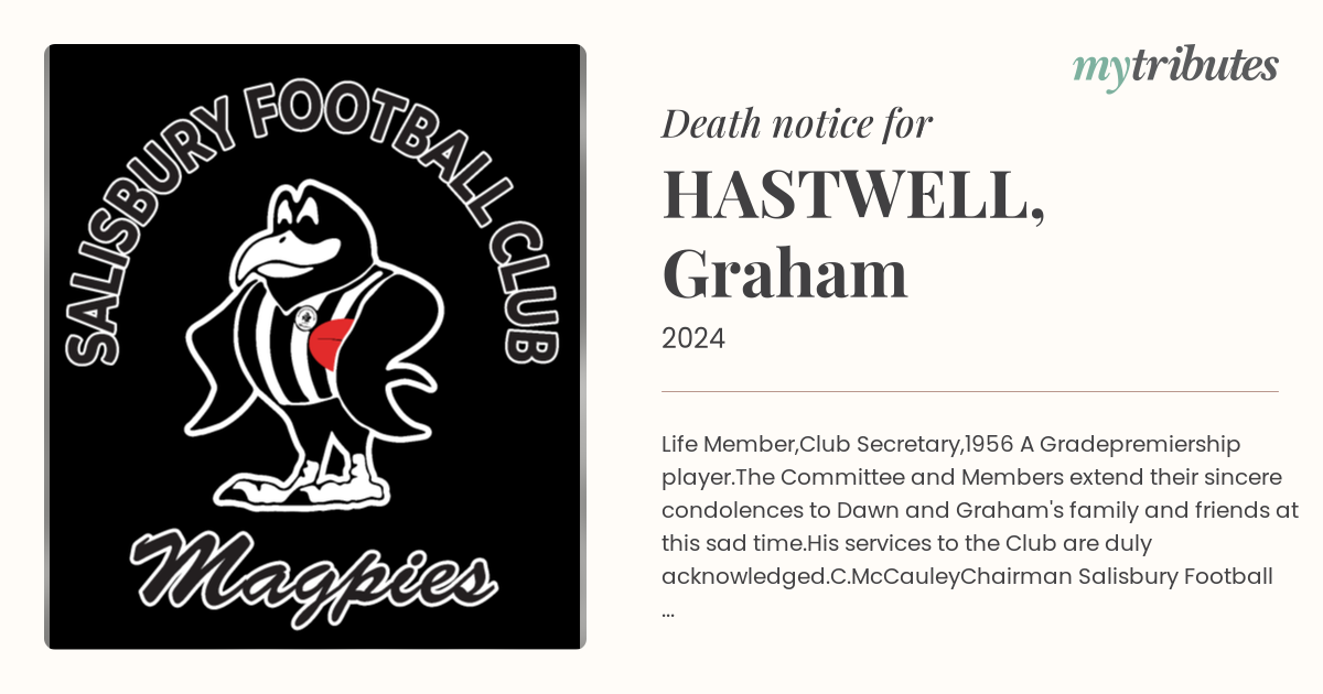 HASTWELL, Graham | Death Notices | Adelaide | My Tributes