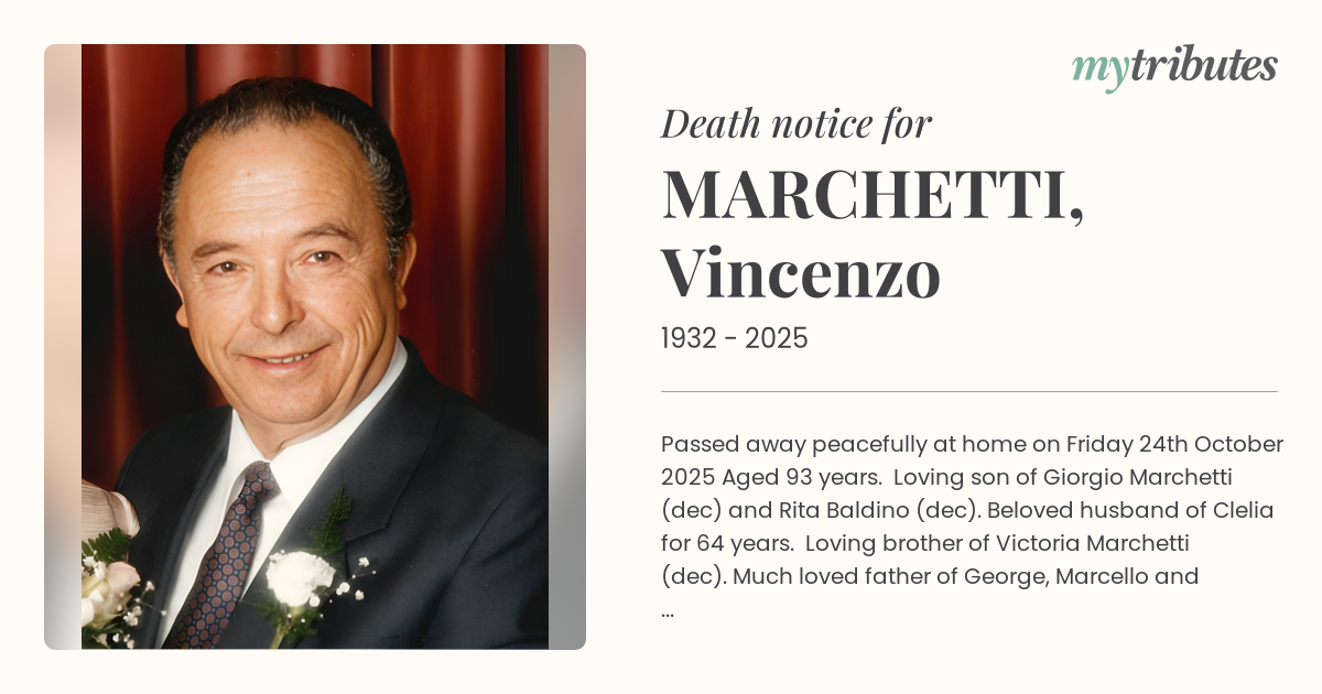MARCHETTI, Vincenzo | Death Notices | Adelaide | My Tributes