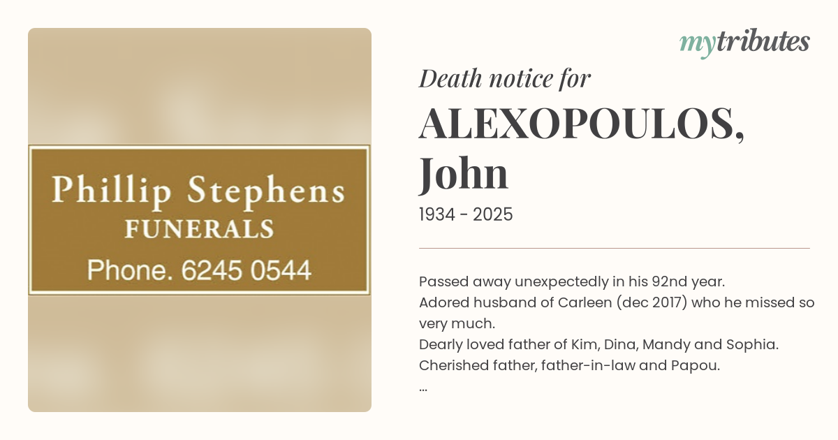 ALEXOPOULOS, John | Death Notices | Tasmania | My Tributes