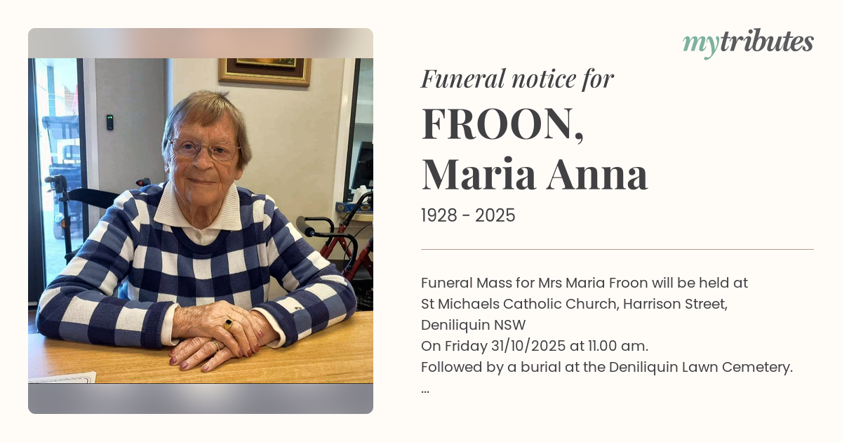 FROON, Maria Anna | Funeral Notices | Melbourne | My Tributes