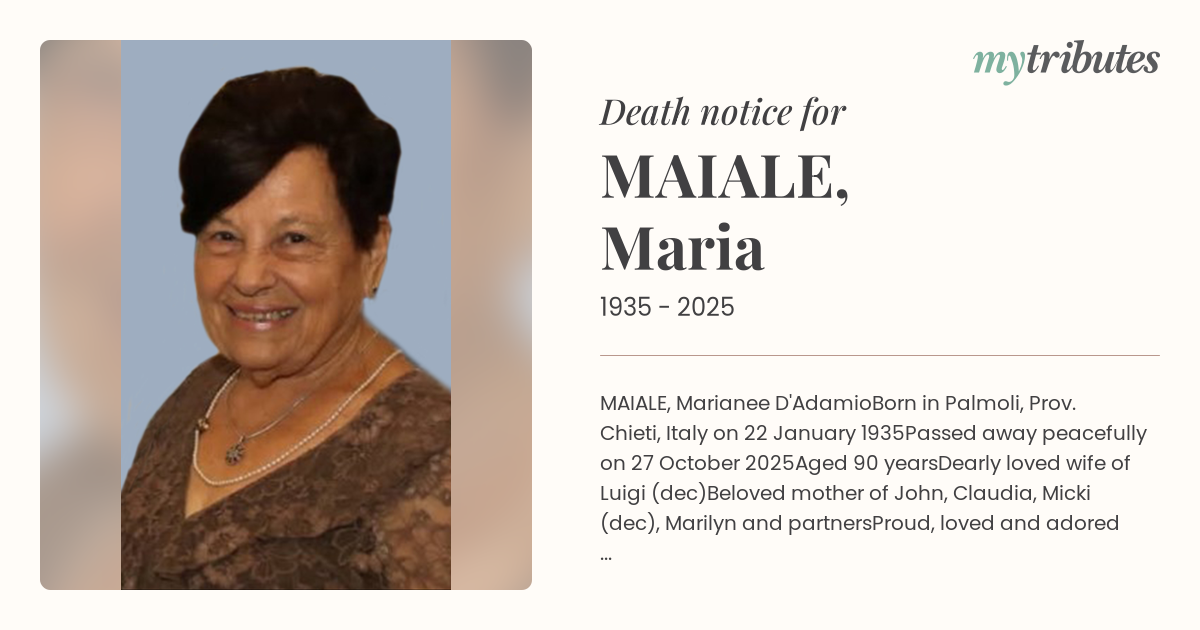 MAIALE, Maria | Death Notices | Adelaide | My Tributes