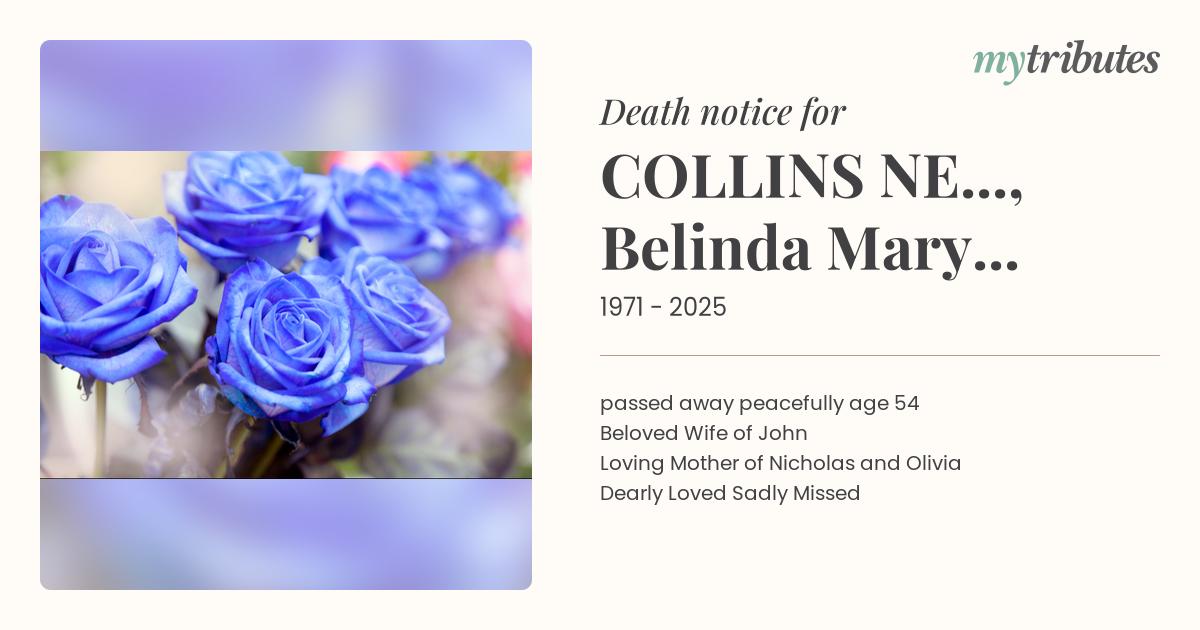 COLLINS NÉE EVERARD, Belinda Mary Louise | Death Notices | Melbourne ...