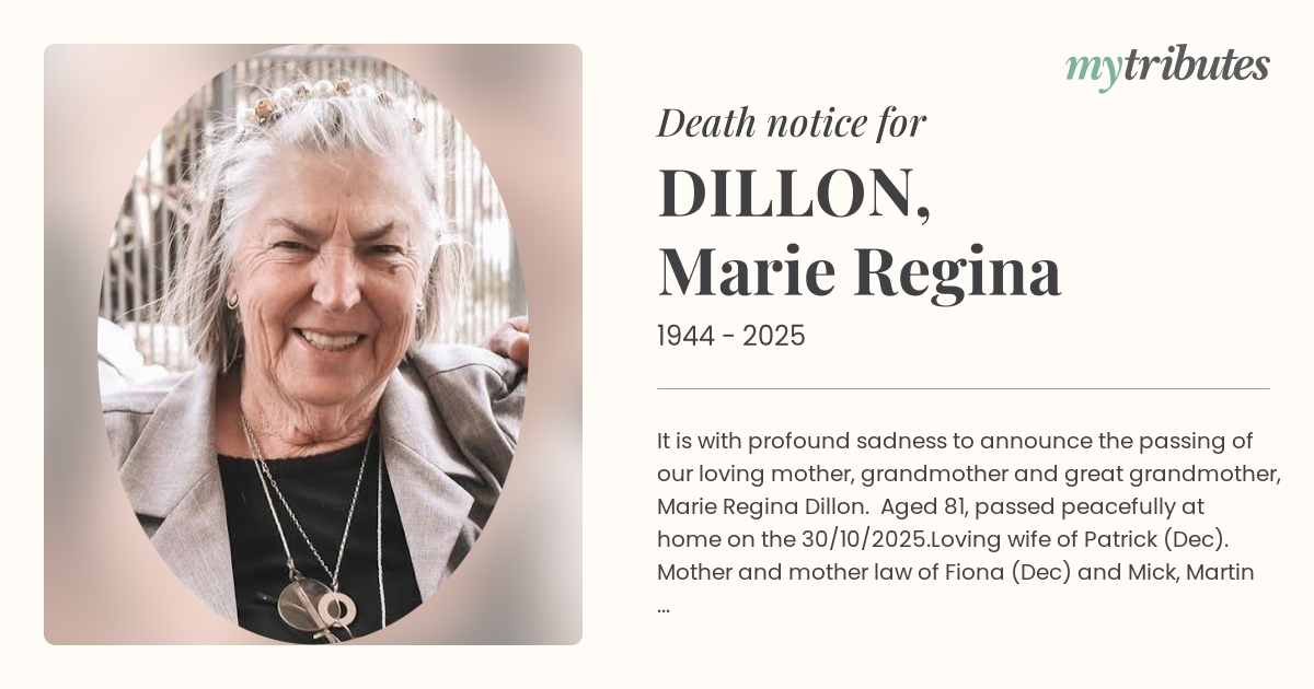 DILLON, Marie Regina | Death Notices | Melbourne | My Tributes