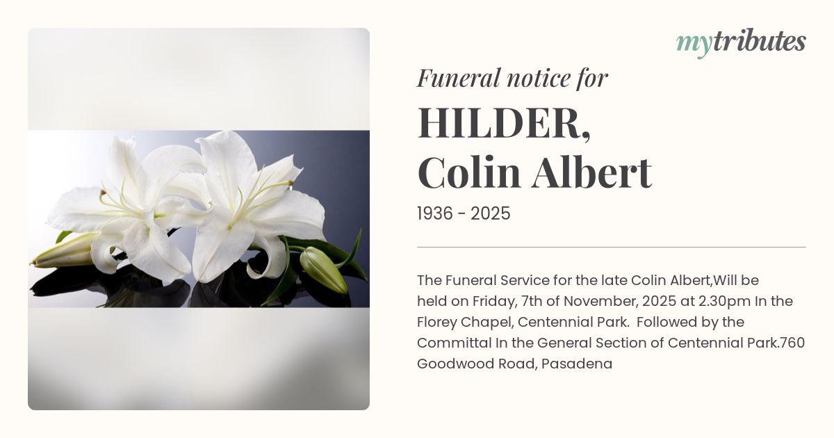 HILDER, Colin Albert | Funeral Notices | Adelaide | My Tributes