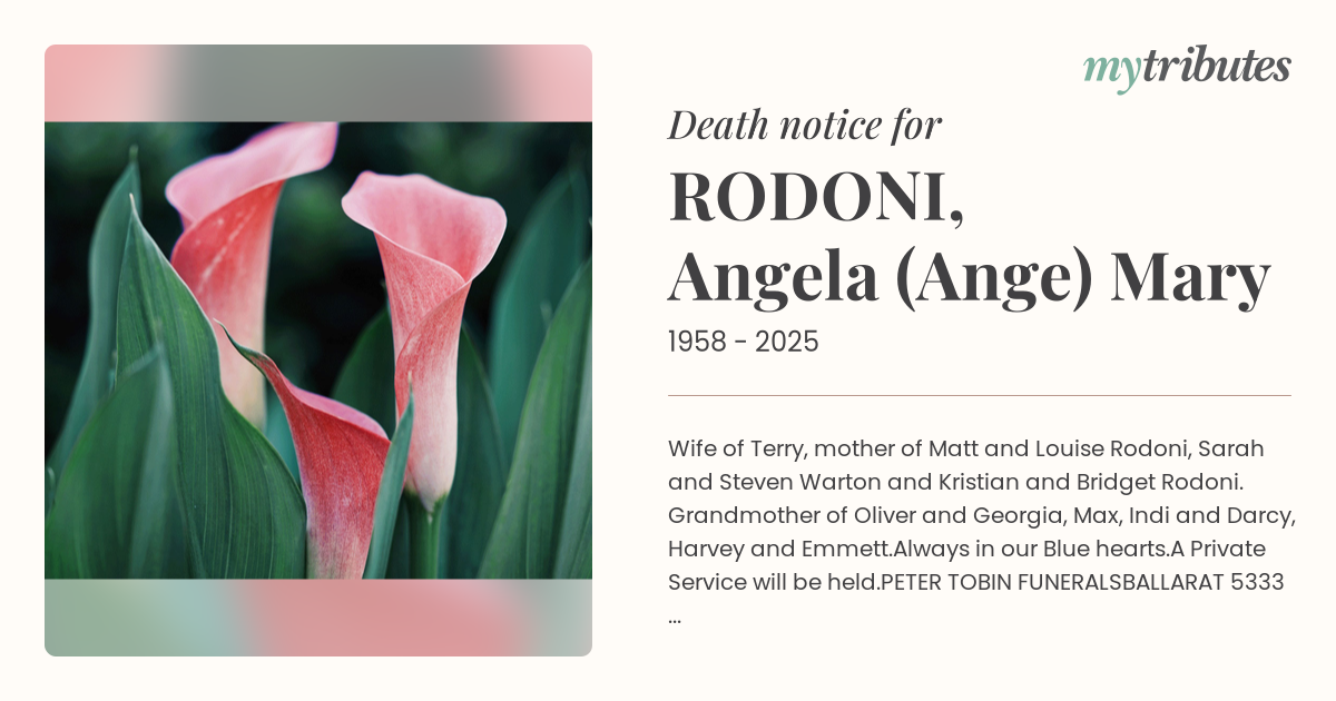 RODONI, Angela (Ange) Mary | Death Notices | Melbourne | My Tributes