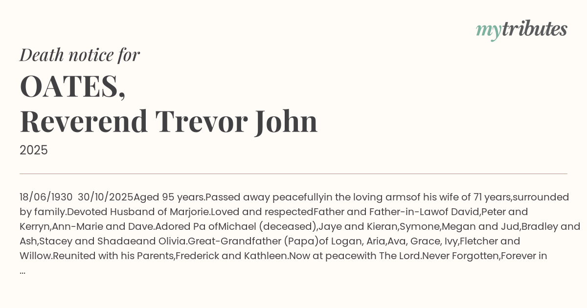 OATES, Reverend Trevor John | Death Notices | Adelaide | My Tributes