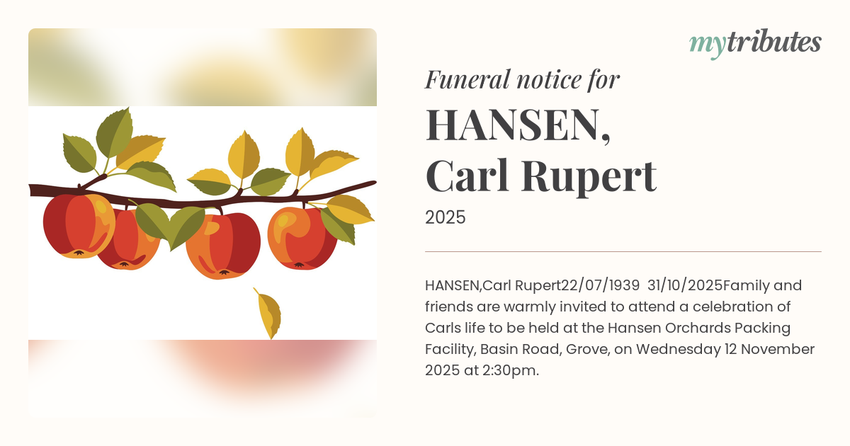 HANSEN, Carl Rupert | Funeral Notices | Tasmania | The Mercury