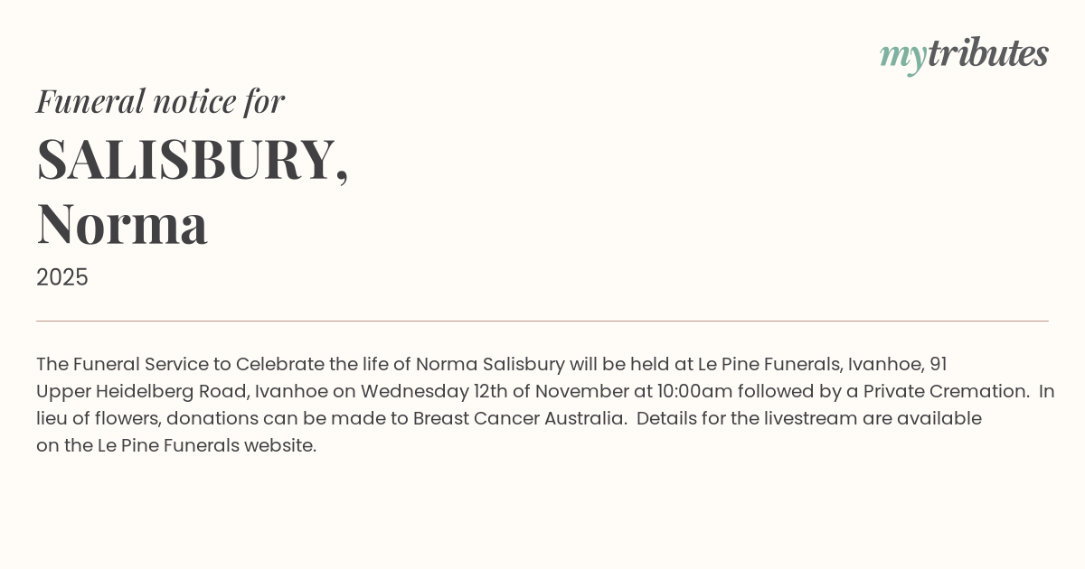 SALISBURY, Norma | Funeral Notices | Melbourne | NT News