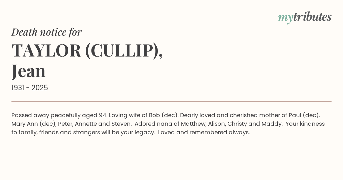 TAYLOR (CULLIP), Jean | Death Notices | Melbourne | My Tributes