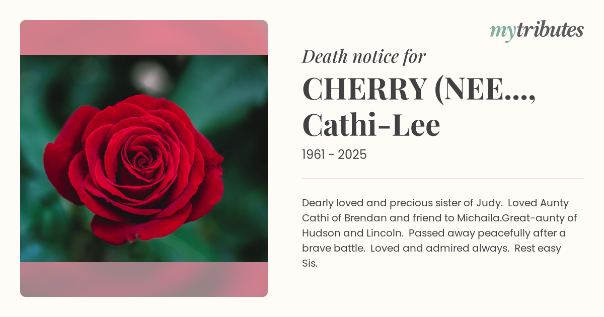CHERRY (NEE SIMPSON), Cathi-Lee | Death Notices | Tasmania | My Tributes