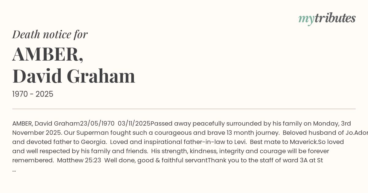 AMBER, David Graham | Death Notices | Adelaide | My Tributes