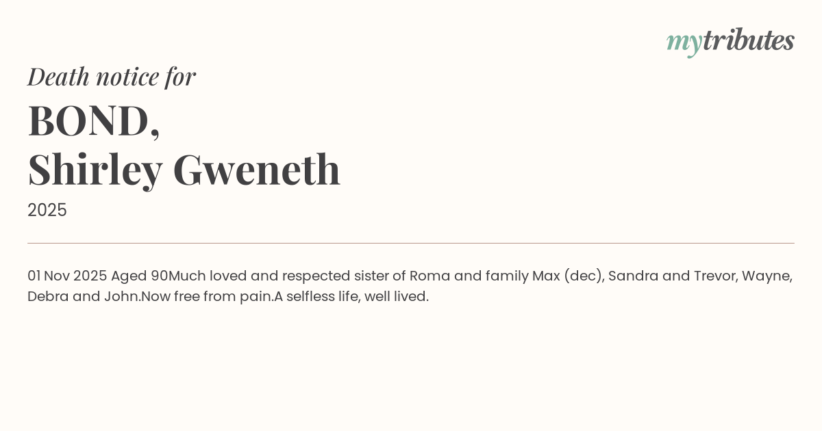 BOND, Shirley Gweneth | Death Notices | Adelaide | The Advertiser