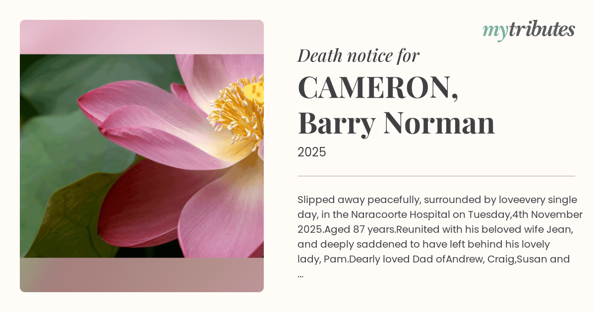 CAMERON, Barry Norman | Death Notices | Adelaide | The Advertiser
