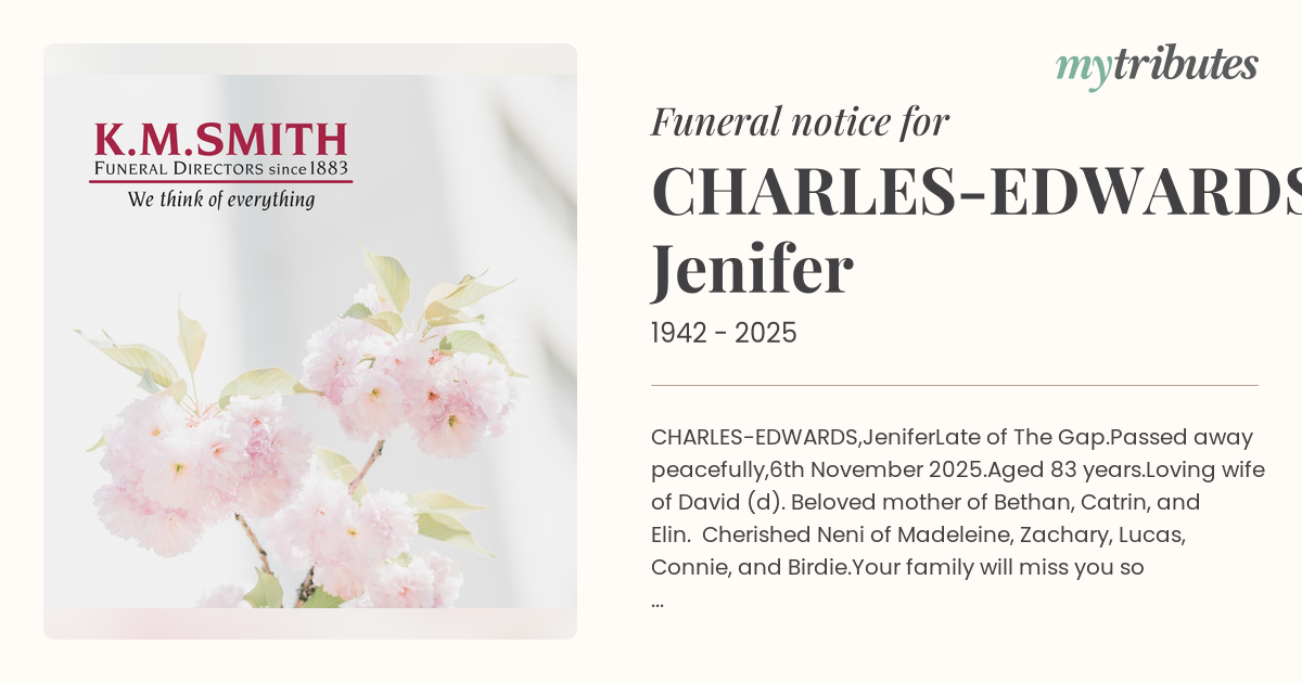 CHARLES-EDWARDS, Jenifer | Funeral Notices | Brisbane | My Tributes