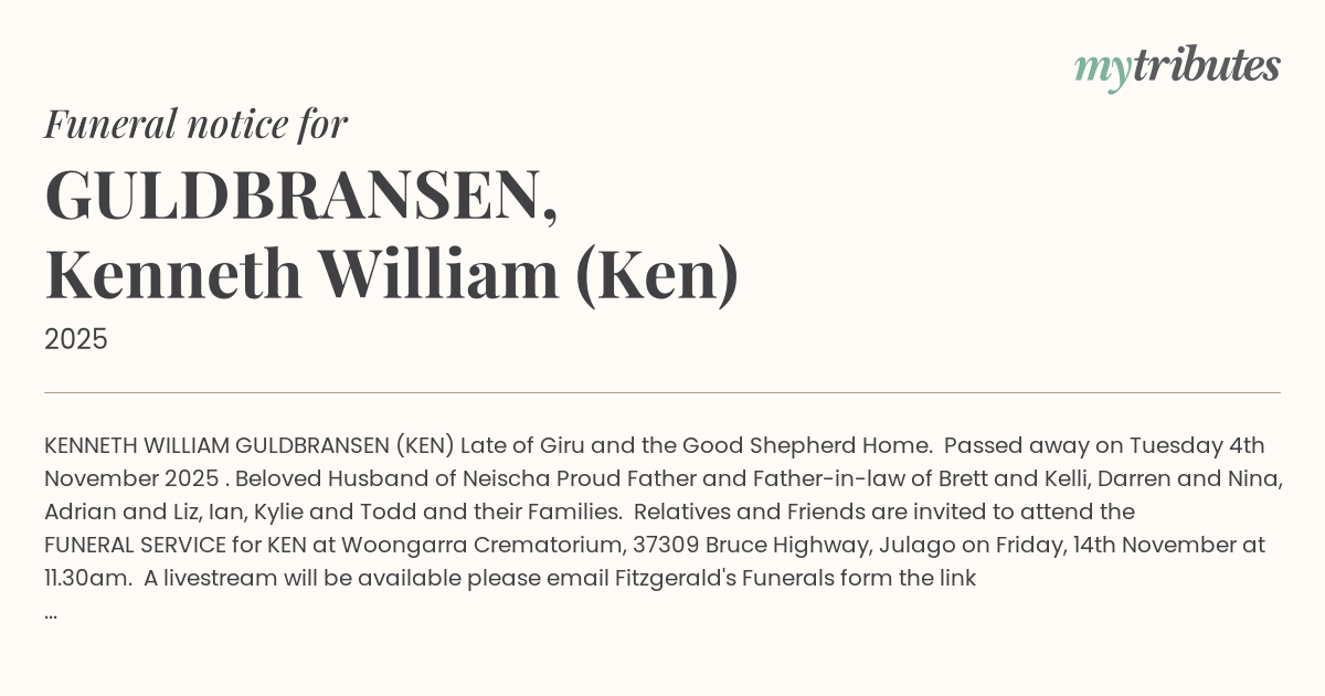 GULDBRANSEN, Kenneth William (Ken) | Funeral Notices | Townsville | My ...