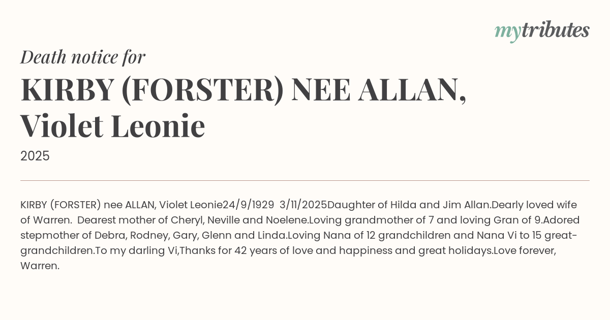 KIRBY (FORSTER) NEE ALLAN, Violet Leonie | Death Notices | Geelong | My ...