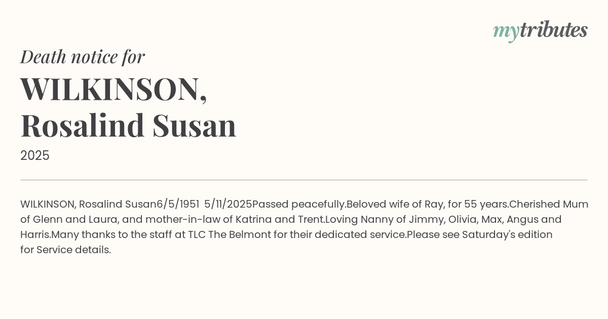 WILKINSON, Rosalind Susan | Death Notices | Geelong | Geelong Advertiser
