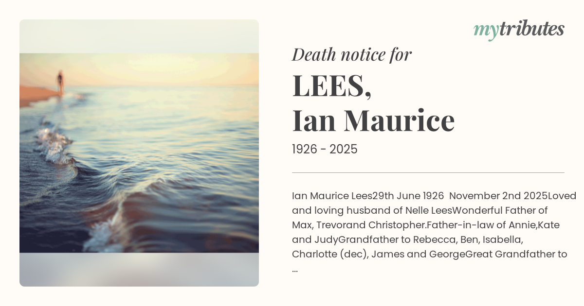 LEES, Ian Maurice | Death Notices | Melbourne | My Tributes