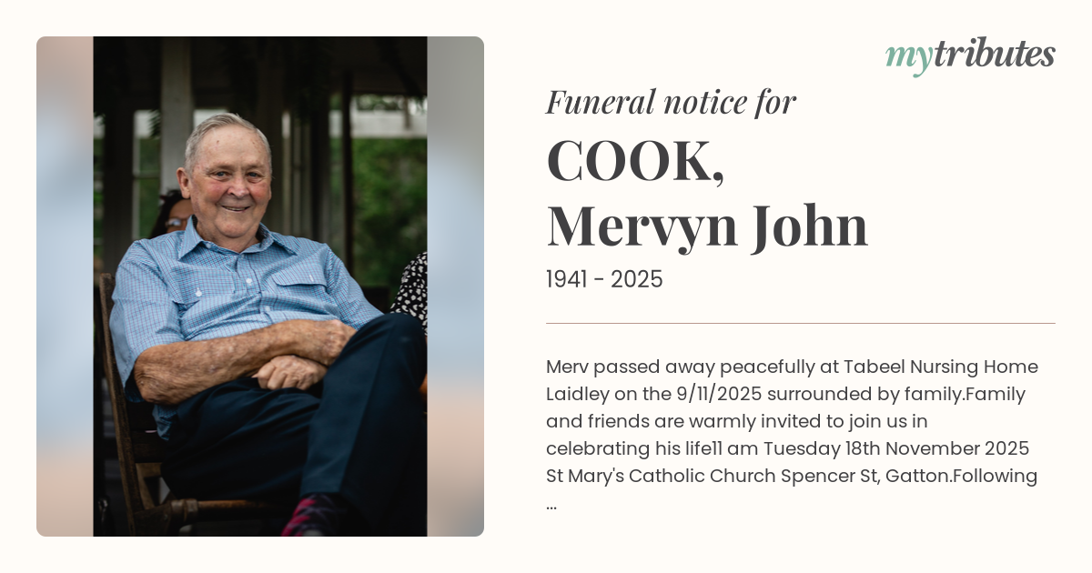 COOK, Mervyn John | Funeral Notices | Toowoomba / Gatton | My Tributes