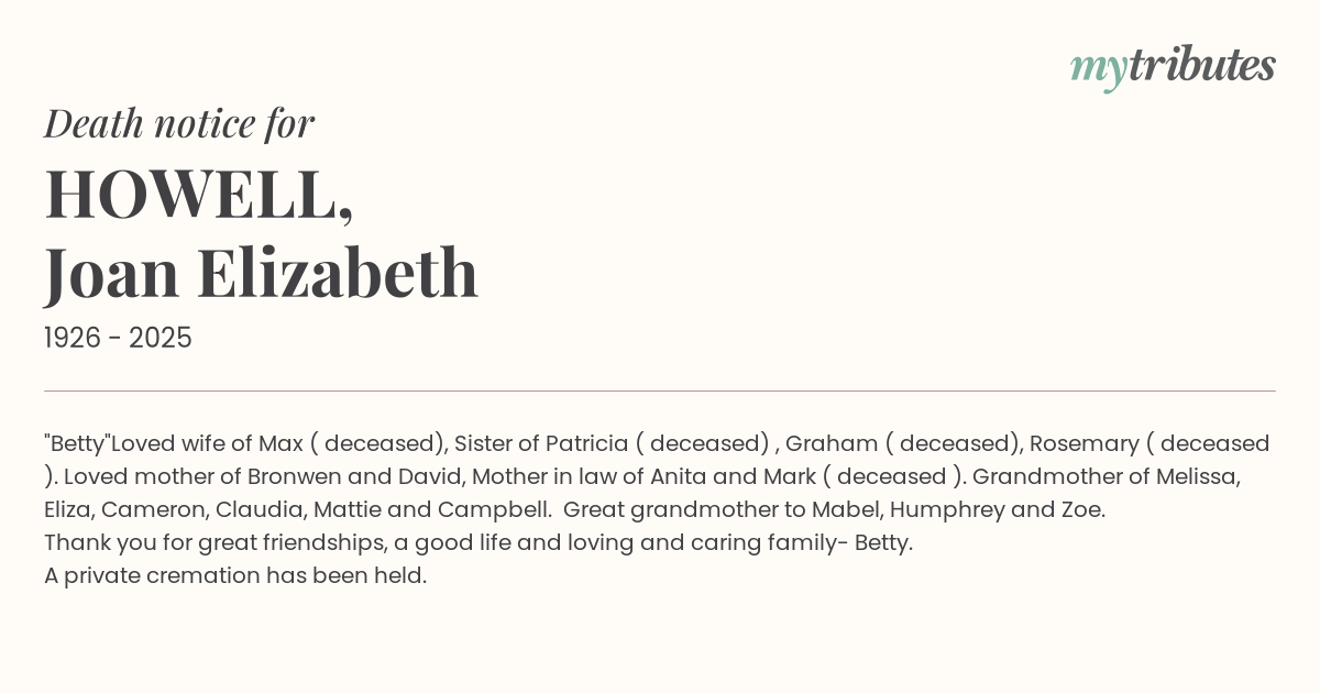 HOWELL, Joan Elizabeth | Death Notices | Brisbane | Daily Telegraph