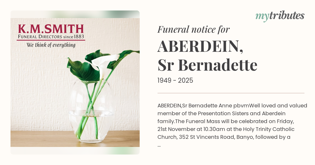 ABERDEIN, Sr Bernadette | Funeral Notices | Brisbane | My Tributes
