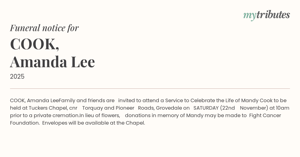 COOK, Amanda Lee | Funeral Notices | Geelong | Herald Sun