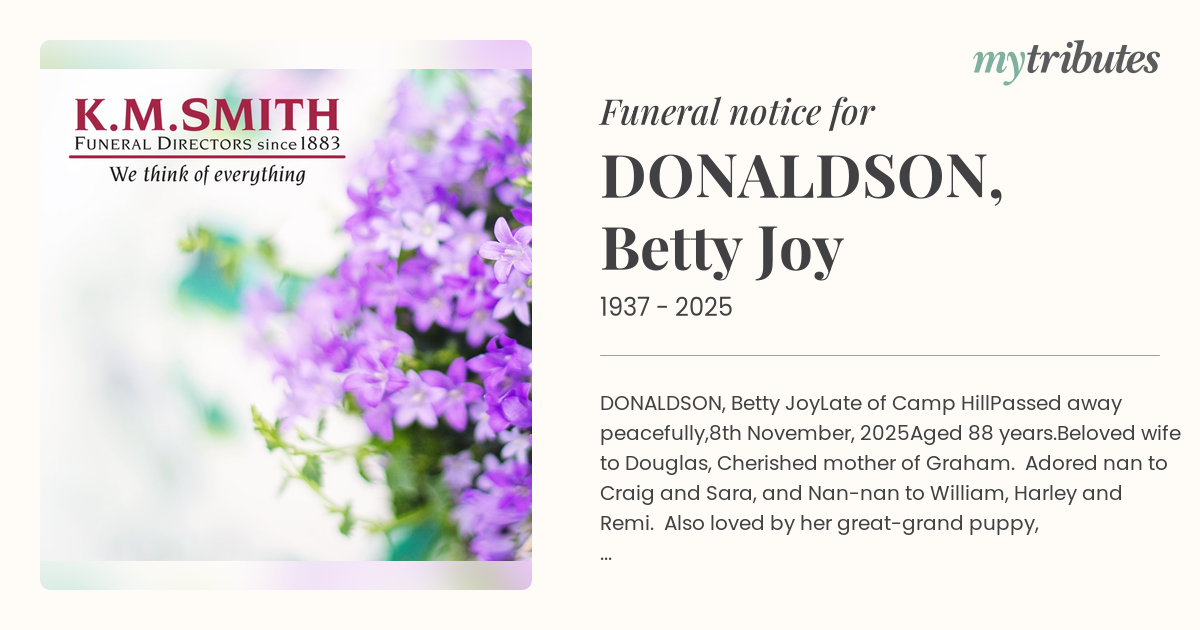DONALDSON, Betty Joy | Funeral Notices | Brisbane | My Tributes