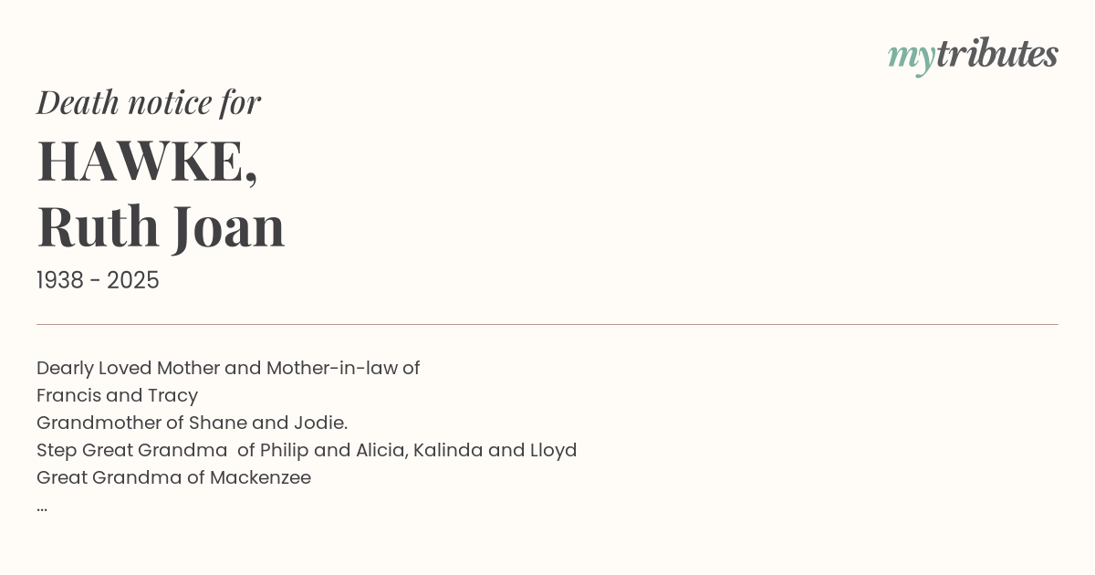 HAWKE, Ruth Joan | Death Notices | Adelaide | My Tributes