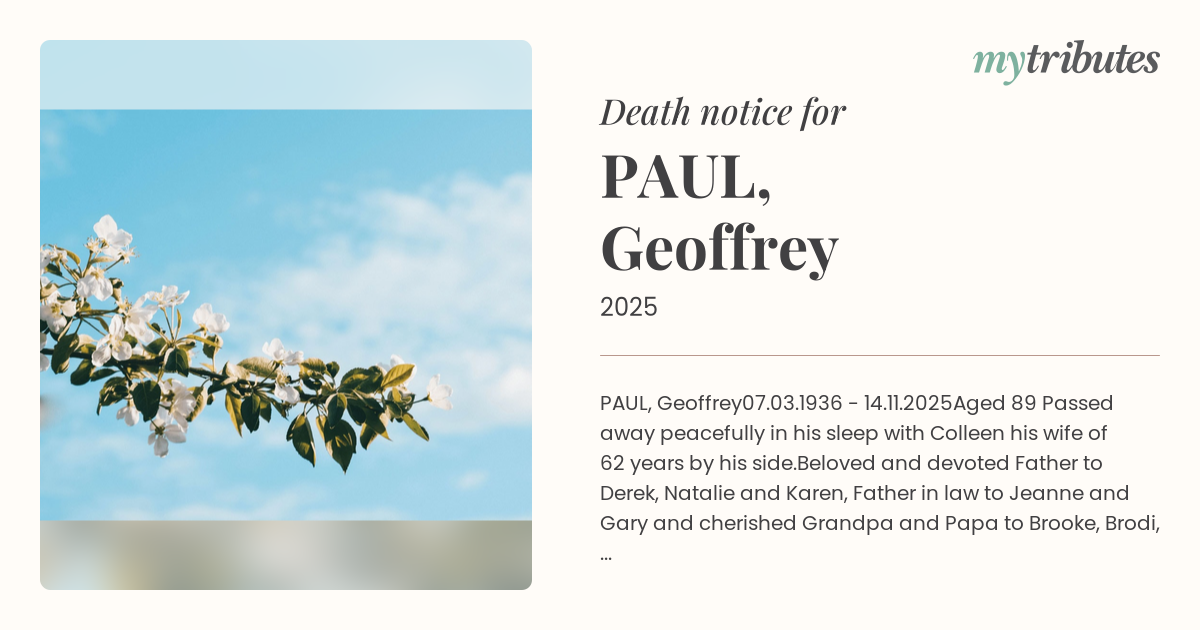 PAUL, Geoffrey | Death Notices | Adelaide | My Tributes