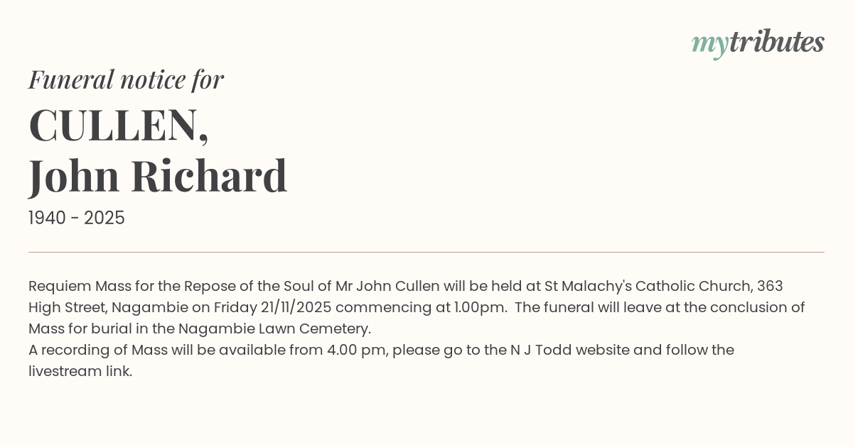 CULLEN, John Richard | Funeral Notices | Melbourne | My Tributes