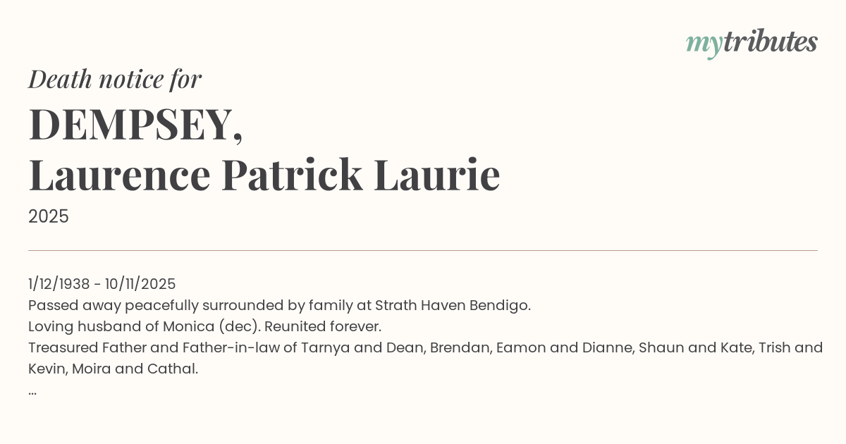 DEMPSEY, Laurence Patrick “Laurie” | Death Notices | Geelong | My Tributes