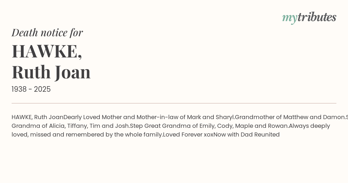 HAWKE, Ruth Joan | Death Notices | Adelaide | My Tributes