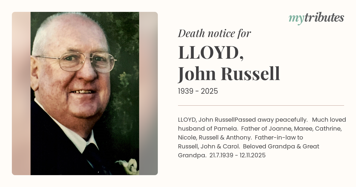 LLOYD, John Russell | Death Notices | Melbourne | My Tributes